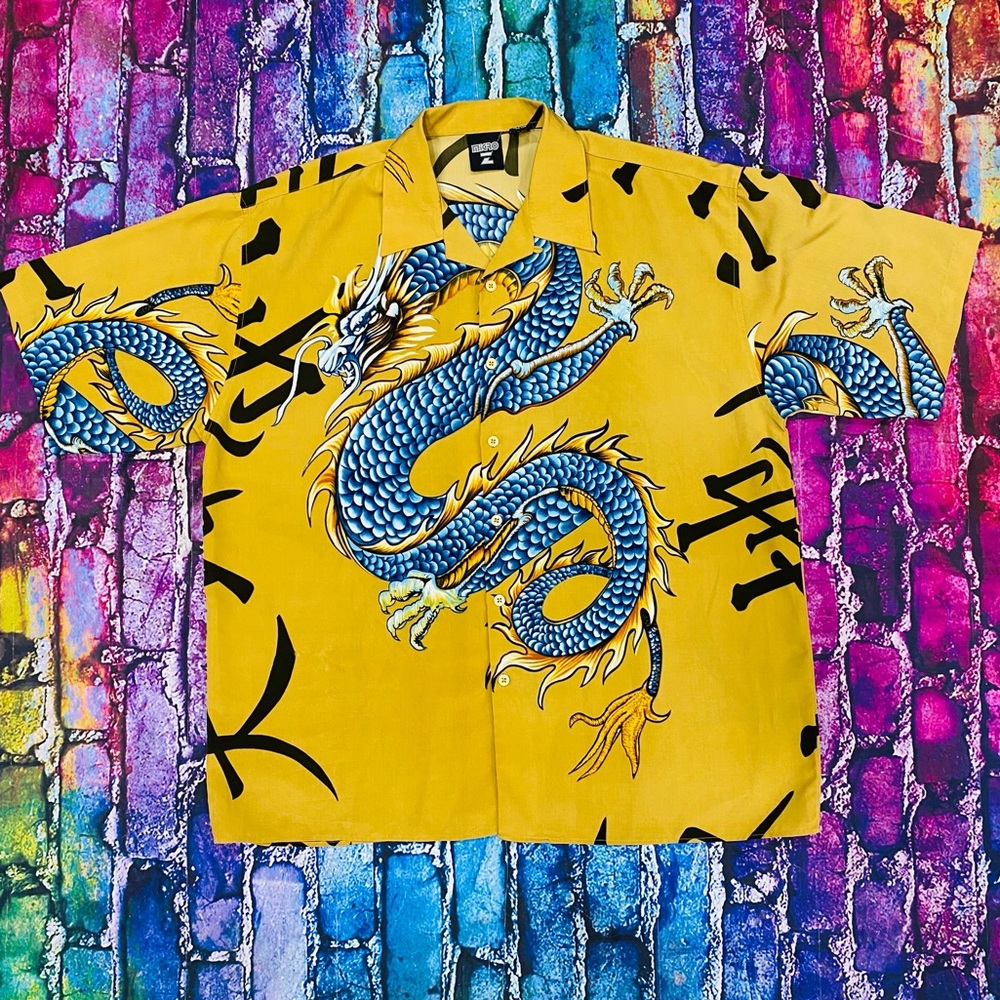 Y2k Chinese Dragon Tattoo Print Skate Button Down Shi… - Gem